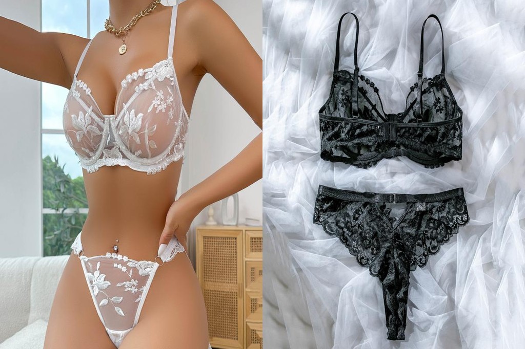 thatsakes See-through Lace Bra G-string Set Women Bra Panties Set Sexy Lace Embroidered Bra and ...