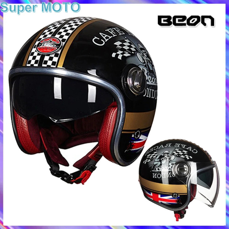 Retro BEON B108 Fiberglass motorcycle helmet retro open face dual visor ...