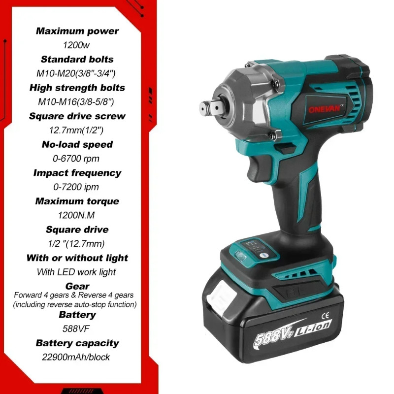 ONEVAN 1200Nm Brushless Electric Impact Wrench Cordless Wrench Socket ...