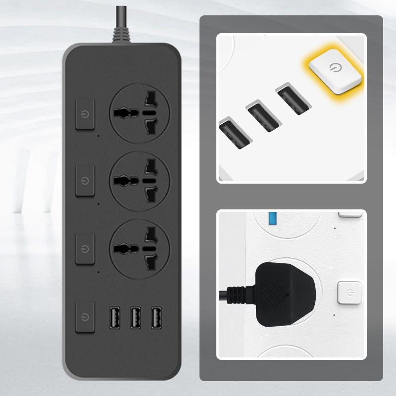 2 Meter Universal 3 Power Socket 3 USB Port Charger 2.1A Electric Wire ...