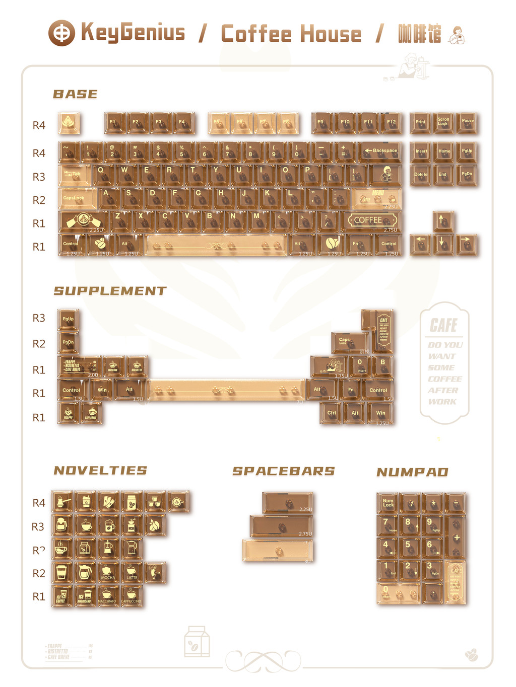 KeyGenius Coffee House Keycaps Foggy Transparent Brown PC Cherry ...