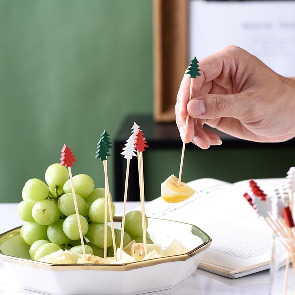(LA)100Pcs Christmas Disposable Bamboo Skewers Santa Xmax Tree Fruit ...