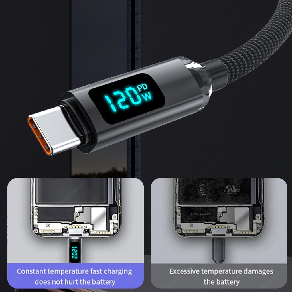 120W Dual Type-C or USB To Type-C Fast Charging Line - Digital Display ...