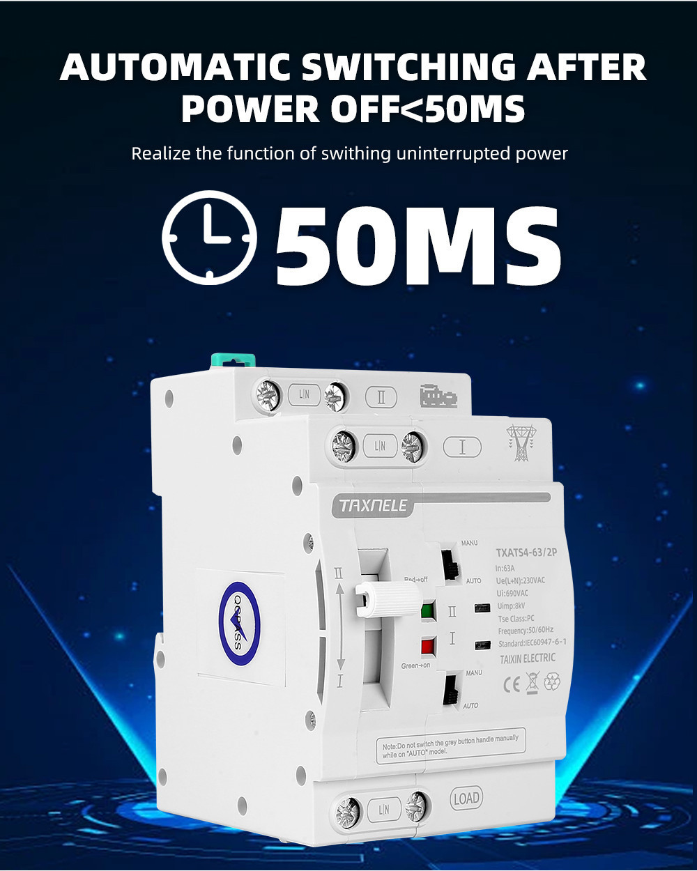 63A ATS Dual Power Automatic Transfer Switch Electrical Selector ...