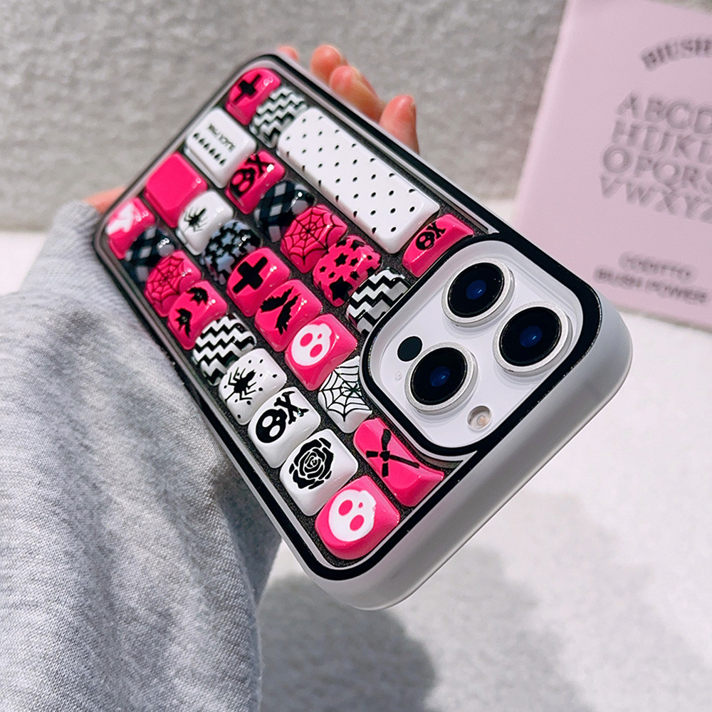 INS Cartoon Skull Pattern 3D Keyboard Phone Case for iPhone 16 15 14 11 ...