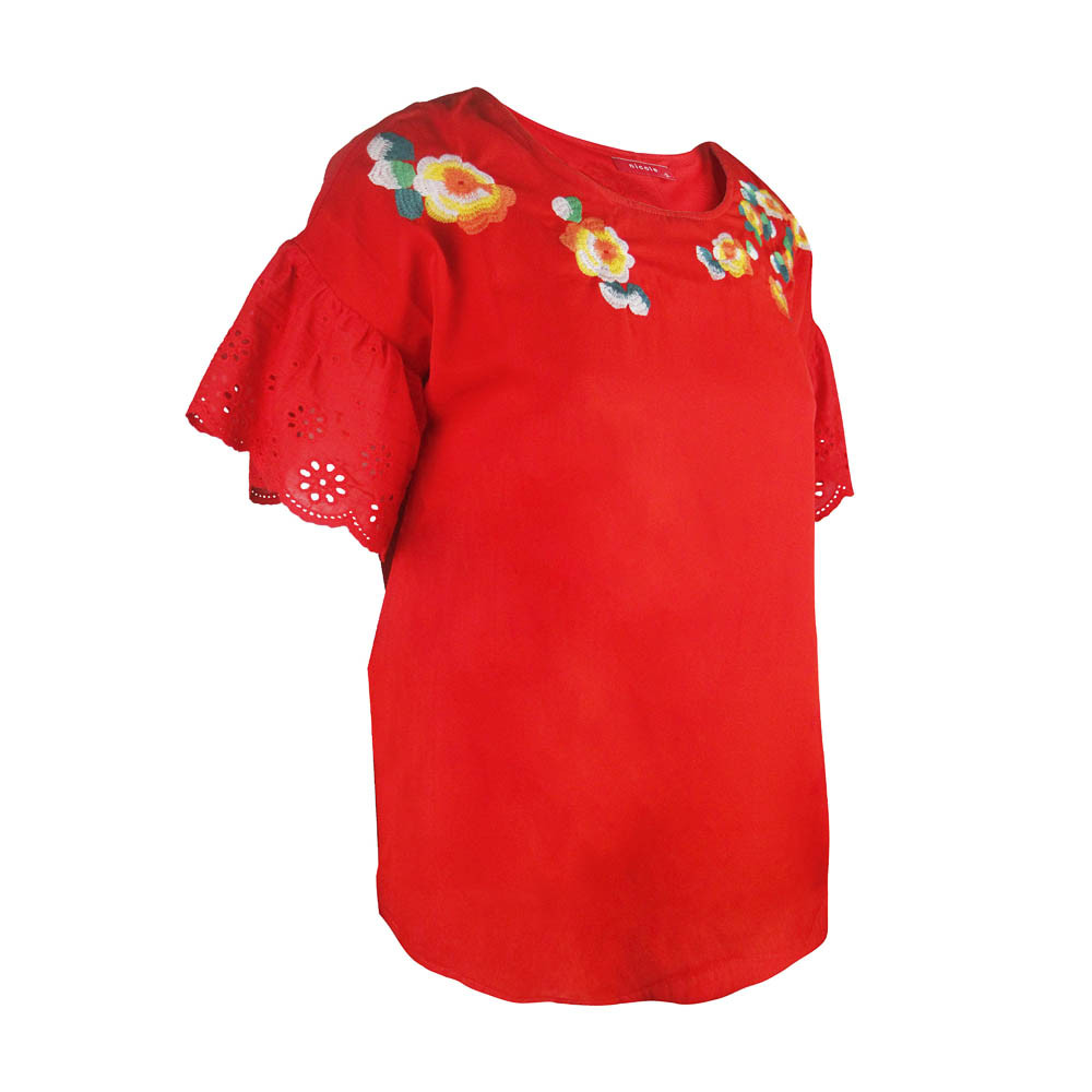 nicole Red Embroidered Blouses / Round Neckline Puff Sleeve Blouse ...