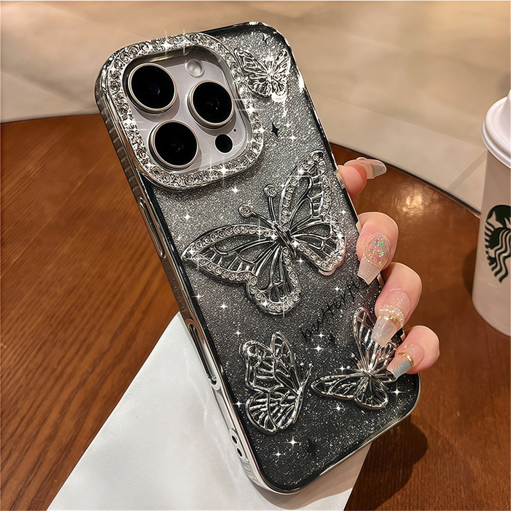 Glitter Butterfly Phone Case for iPhone 16 Pro Max Luxury Bling Diamond Transparent Plating ...