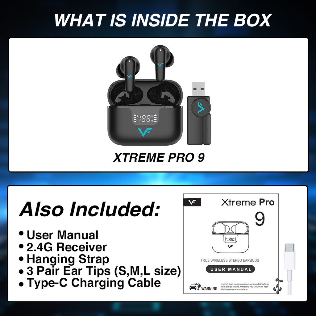 Vinnfier VF Xtreme Pro 9 2.4ghz Dongle Wireless earbuds ANC Transparent ...