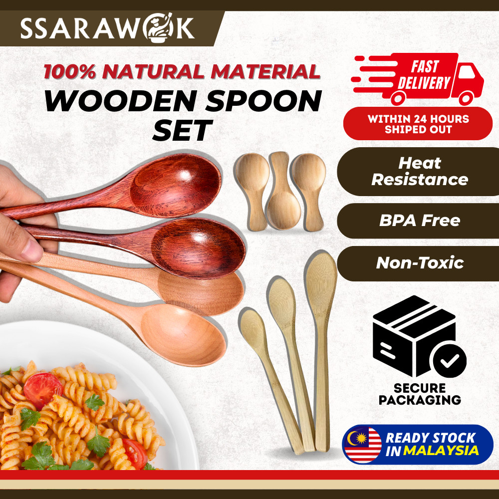 SSARAWOK Small Wooden Spoon Round Spoon Sudu Kayu Rempah Condiment ...