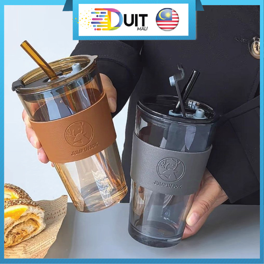 DM Glass Water Bottle Drinking Cup Mug Straw Transparent Sealing ...