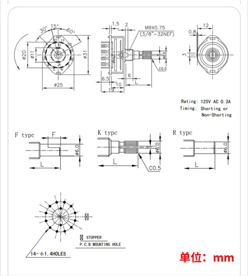 1 Piece RS25 Band Switch Selector Switch Rotary Switch AC125V 0.3A 2P4T ...