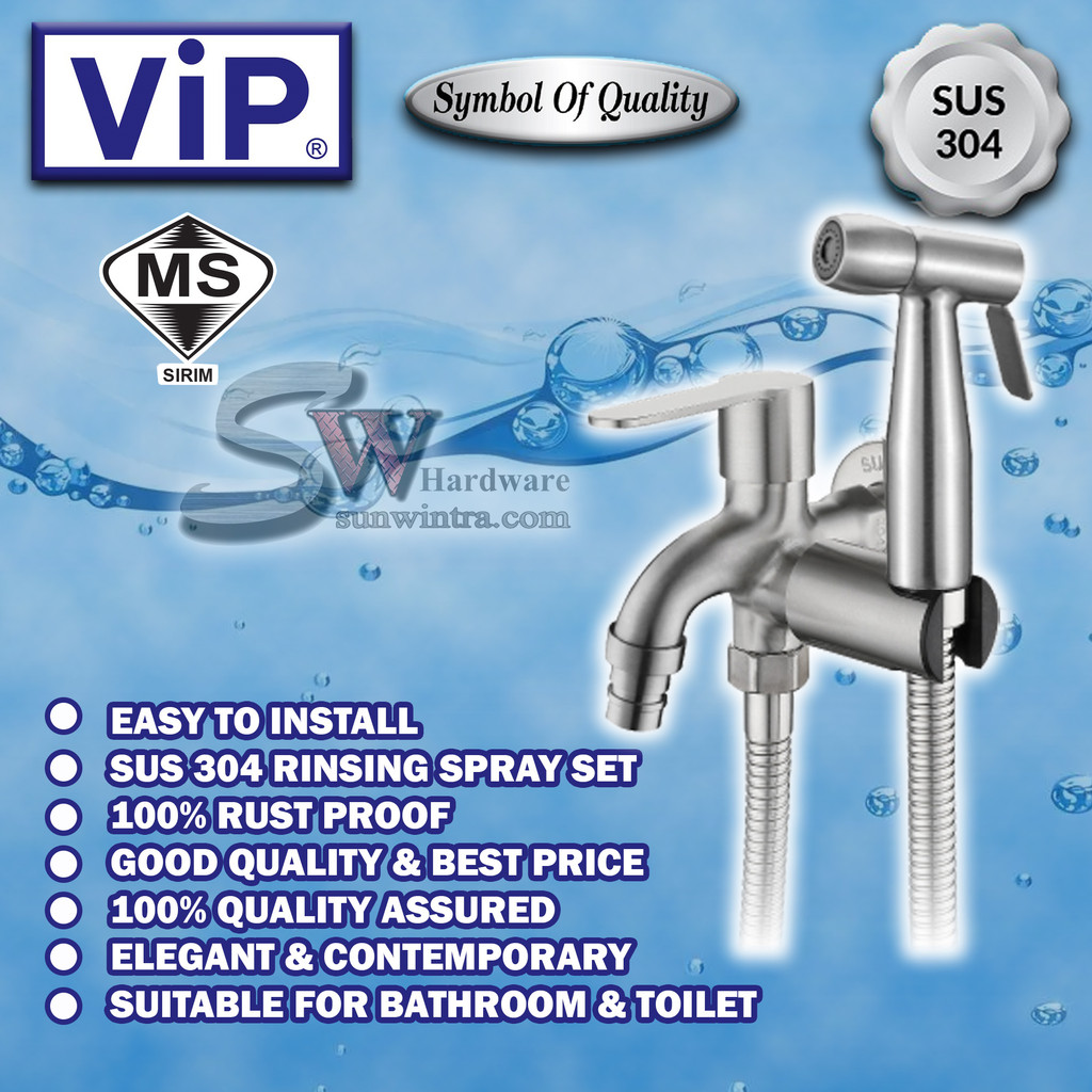 VIP SUS304 STAINLESS STEEL HAND BIDET + ANGLE VALVE SET SS-2266 SS2266 ...