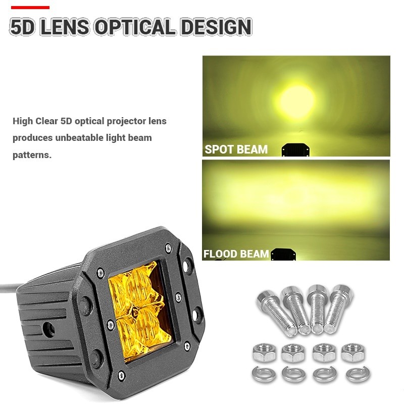 5D Lens Flush Mount LED Driving Light Square Amber Fog Lamp Flood Spot ...