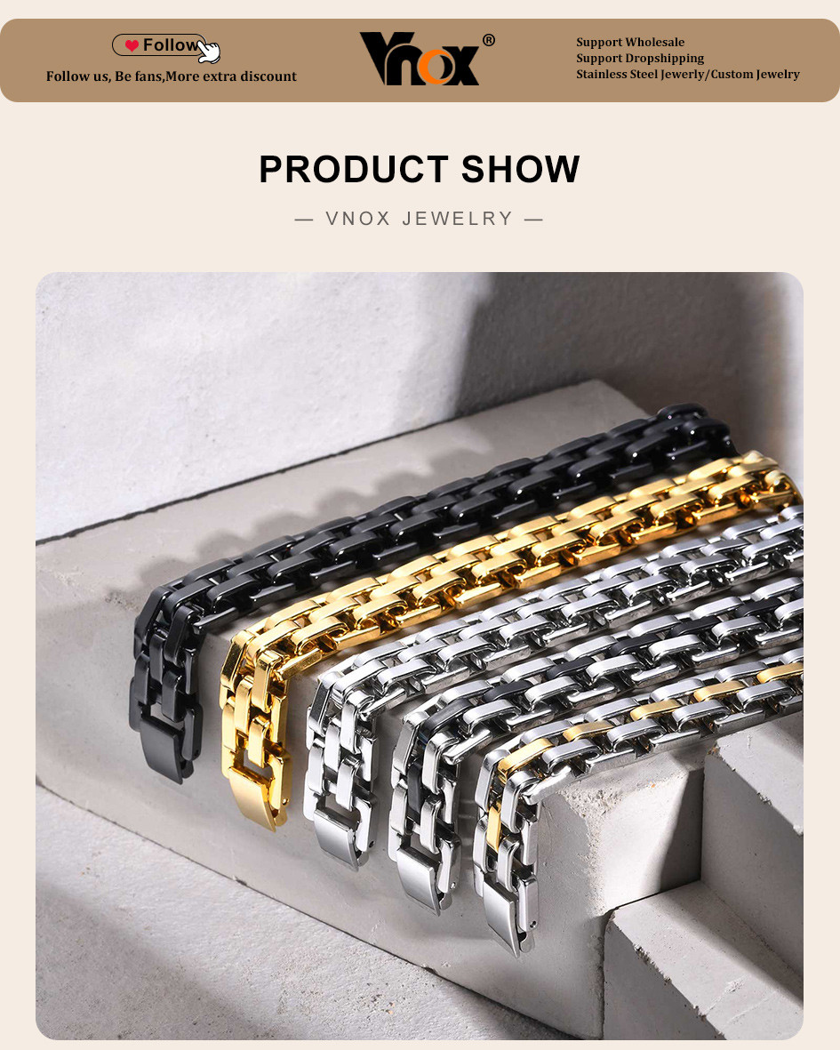 Vnox 11mm Wide Thick Stainless Steel Strap Bracelet for Men Women, Personalized Hip-Hop Couple ...