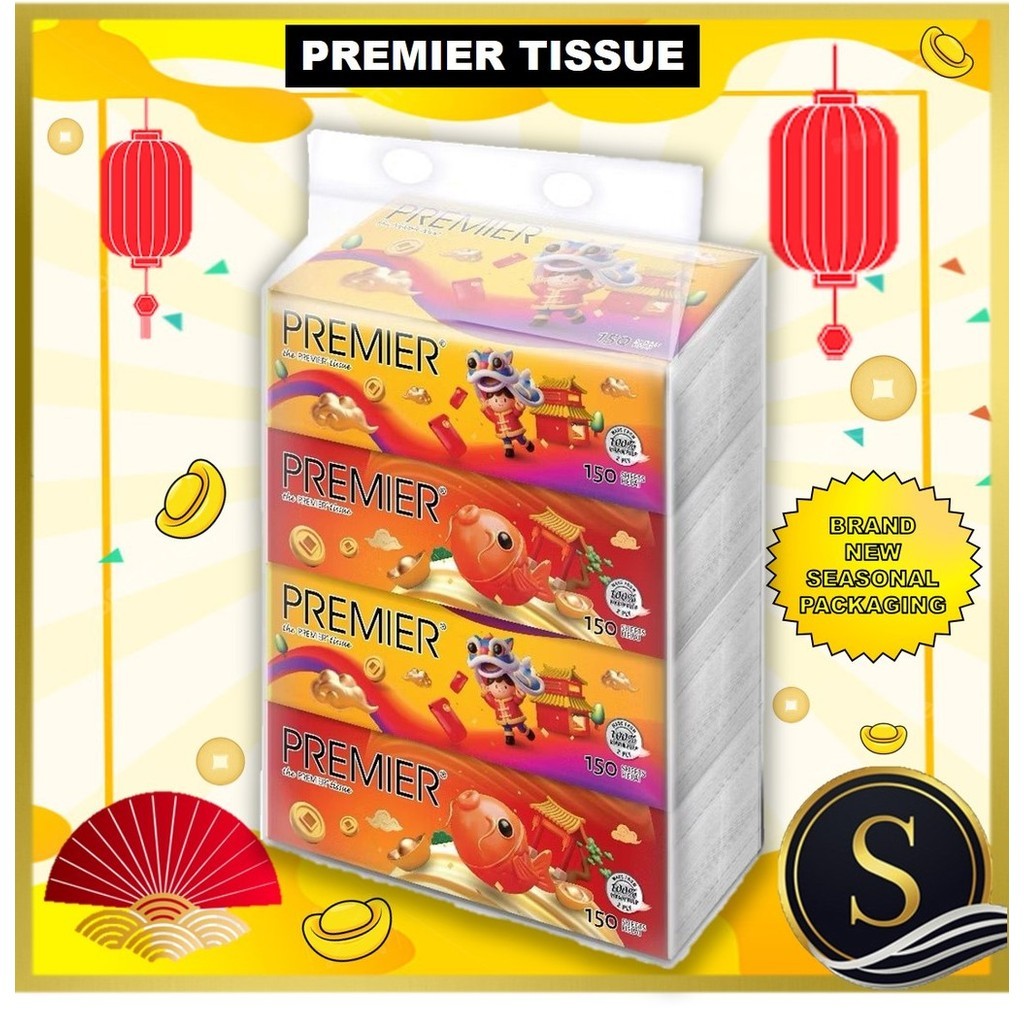 Premier CNY Soft Pack Tissue Tisu 2 PLY 150 Sheet 4 Pack Bundle ...