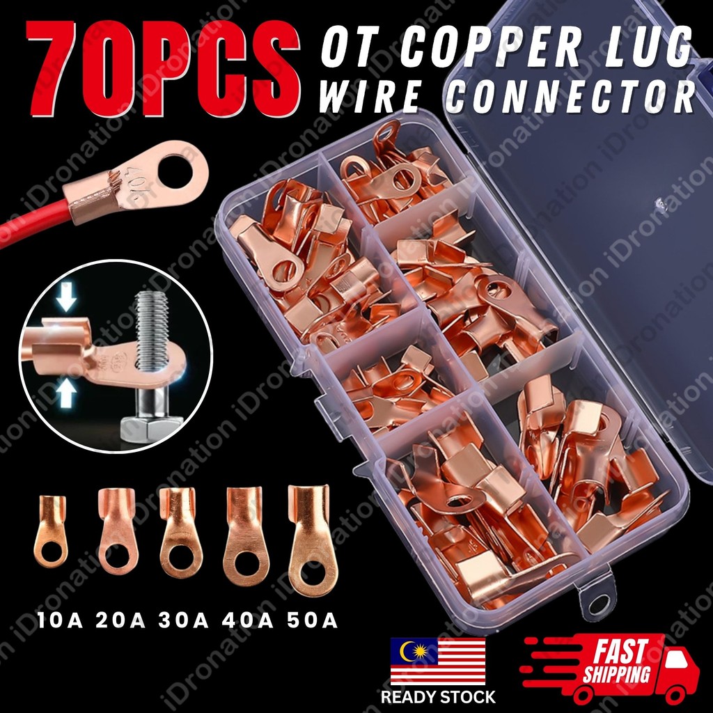 70PCS OT Copper Lugs Ring-Type Battery Terminals 10/20/30/40/50A Open ...
