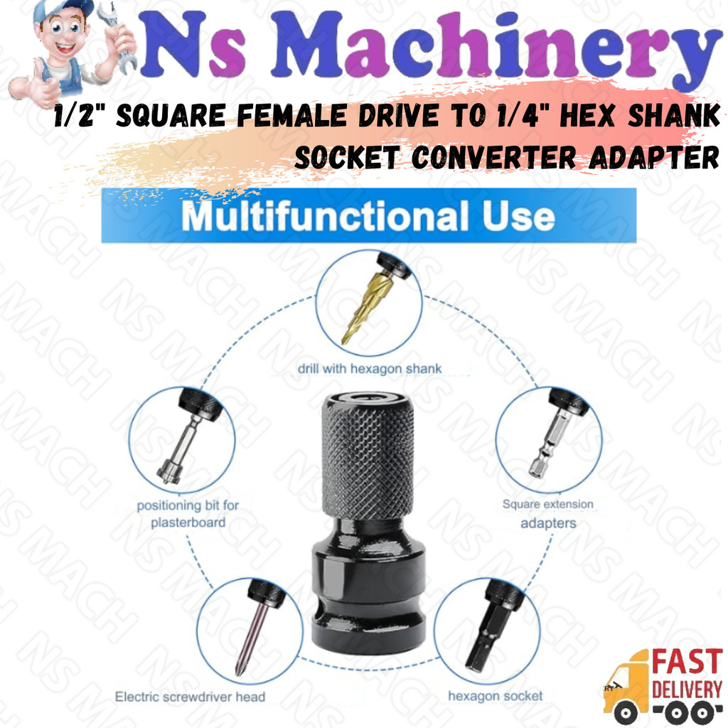 1/2" Square Female Drive to 1/4" Hex Shank Socket Converter Adapter ...