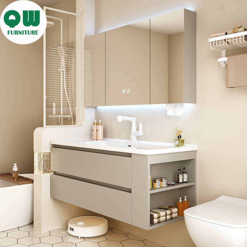 Grey solid wood storage cabinet, smart mirror, bathroom ceramic sink ...