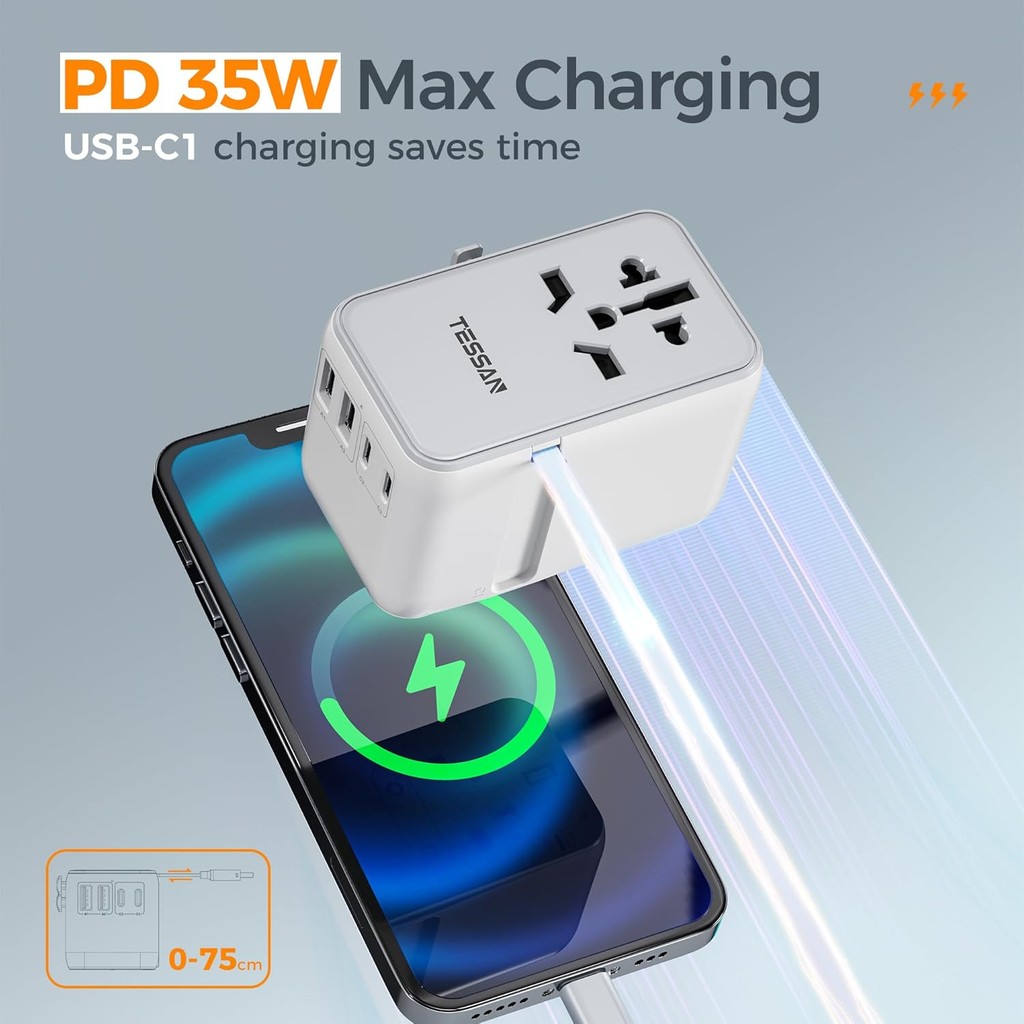 TESSAN Universal Travel Adapter with Type C Ports and USB C Cable 85W ...