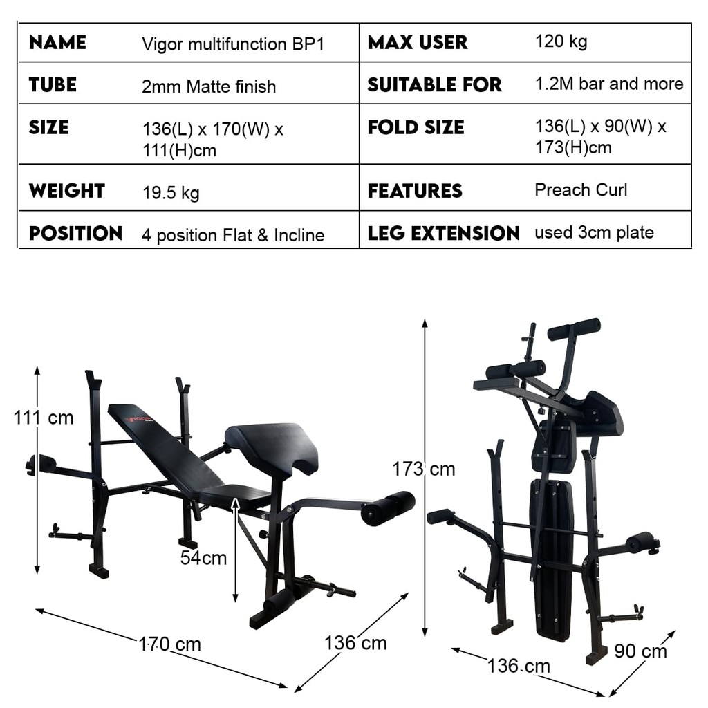 Vigor Fitness Barbell Press Weightlifting Bench With Preacher Curl Pad ...
