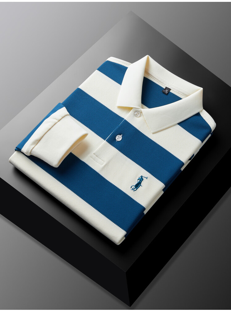 【polo】Spring and Autumn Men's Pure Cotton Polo Shirt with Striped Long ...