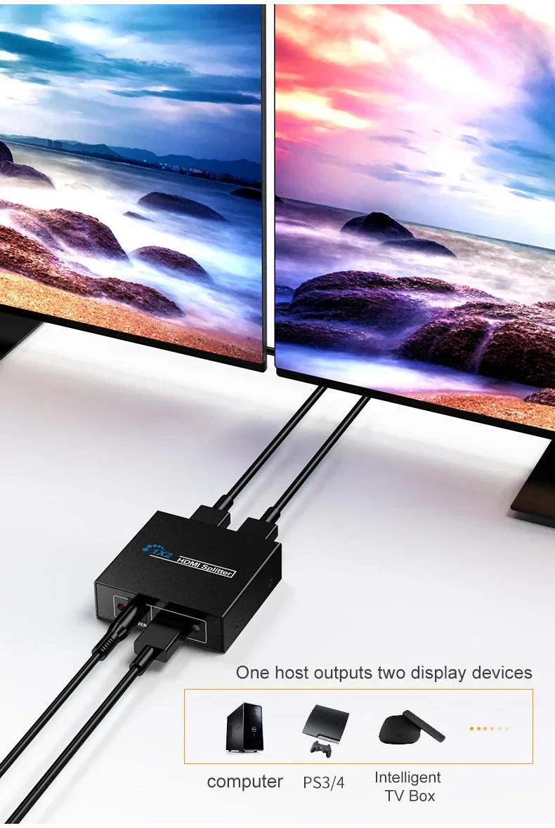 1080P HDMI Splitter 1 in 2 out Duplicate Display Amplifier HDMI Video ...