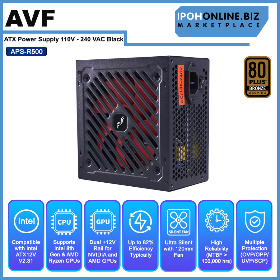 AVF APS-R500 80 Plus 500W PSU ATX Power Supply 110V - 240 VAC Black ...