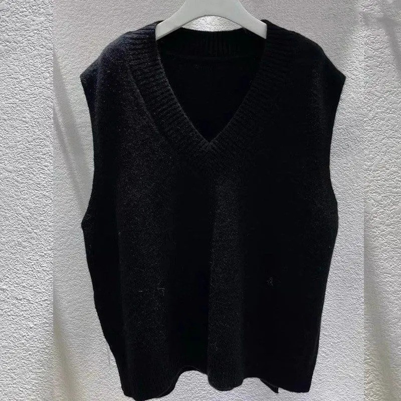 Korean Retro Split V-neck Knitted Vest for Women Spring Autumn Loose ...
