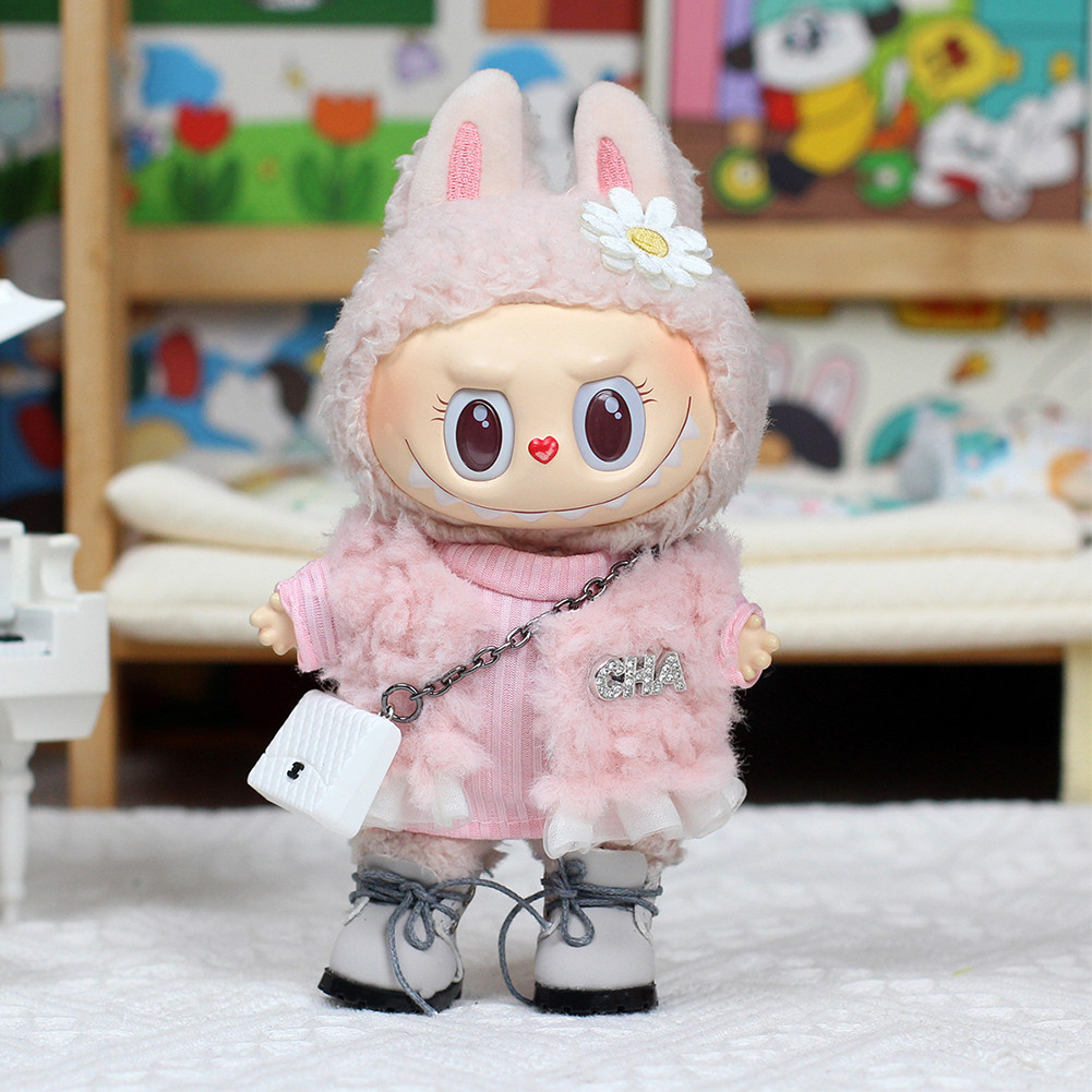 For 17cm Labubu Outfit Clothes Doll Clothes Pink Plush Coat Set Dolls ...