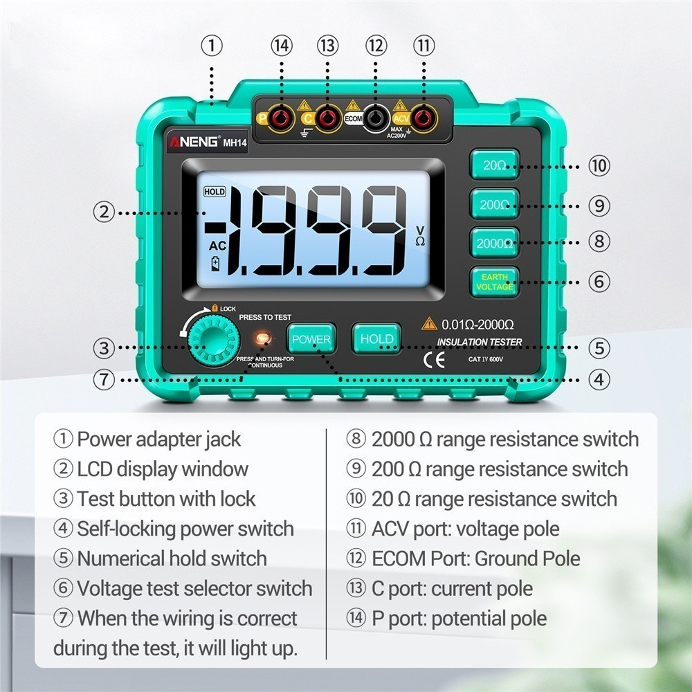 MH14 Megohm Meter Digital Insulation Resistance Tester Megohmmeter ...
