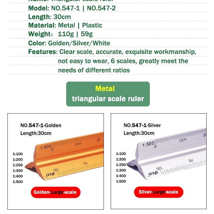 DEZI Triangular Scale Ruler 1:20-1:500 Alloy/Metal/Plastic Straight ...