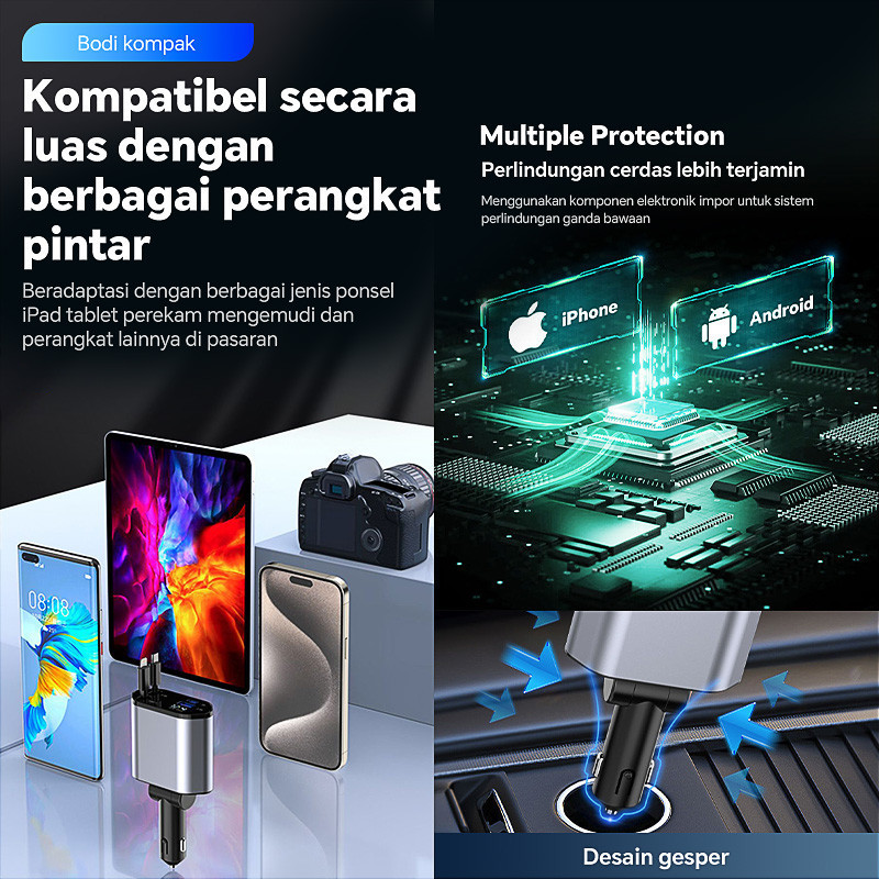 120W Retractable 4 IN 1 Car Charger USB Type C IOS Cable Retractable Super Fast Charger ...