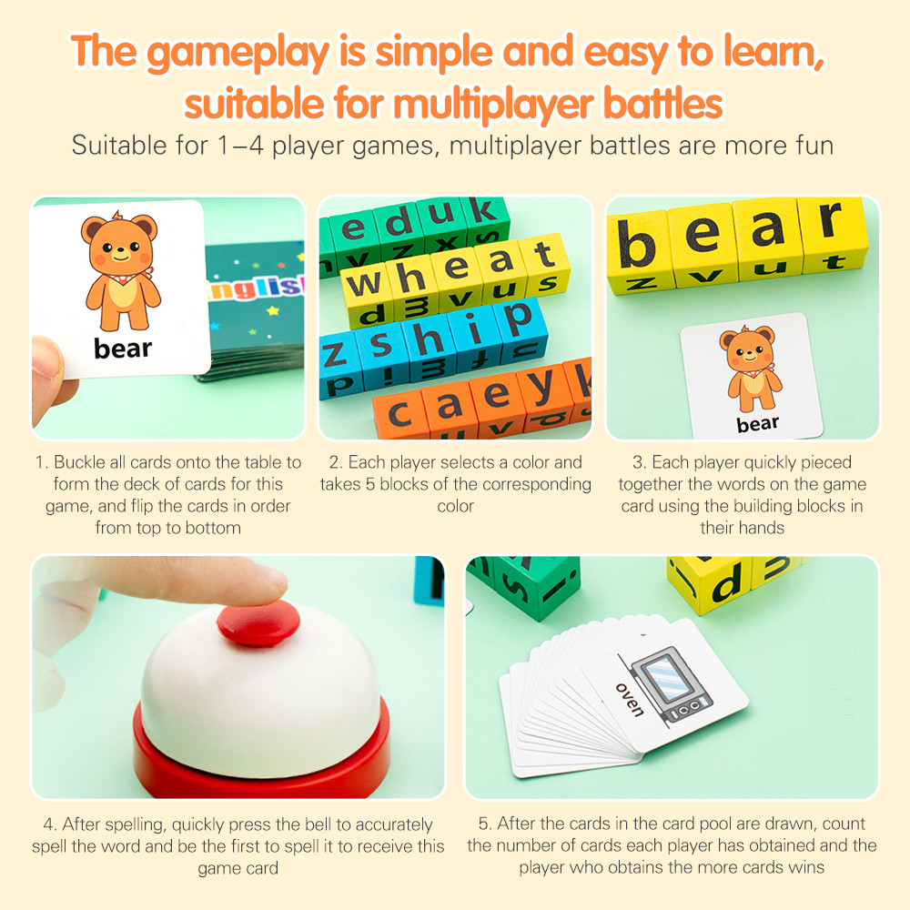 BEVAVAR Letter Spelling Block Flash Cards Game Wooden Cube Block Magic ...