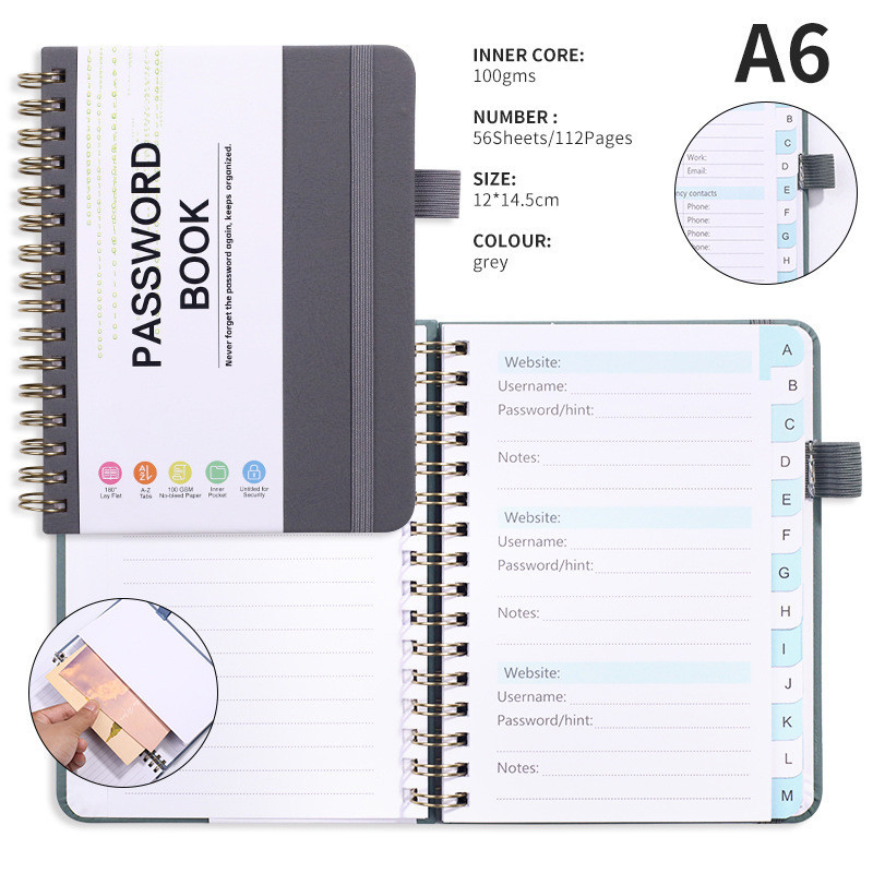 Spiral Password Keeper Book + Colorful Alphabetical Tabs & Pen Holder ...