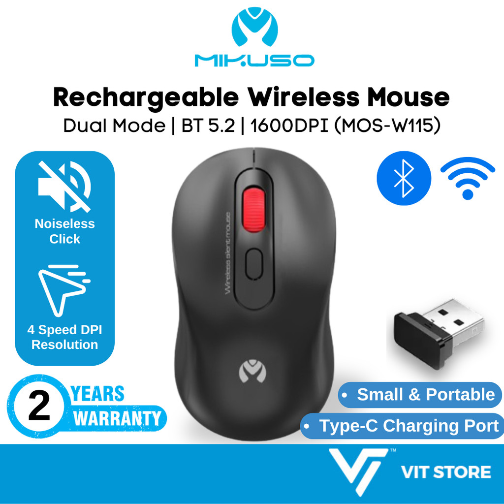 MIKUSO Tetikus Bluetooth Rechargeable 1600DPI MOS-W115 | Silent ...