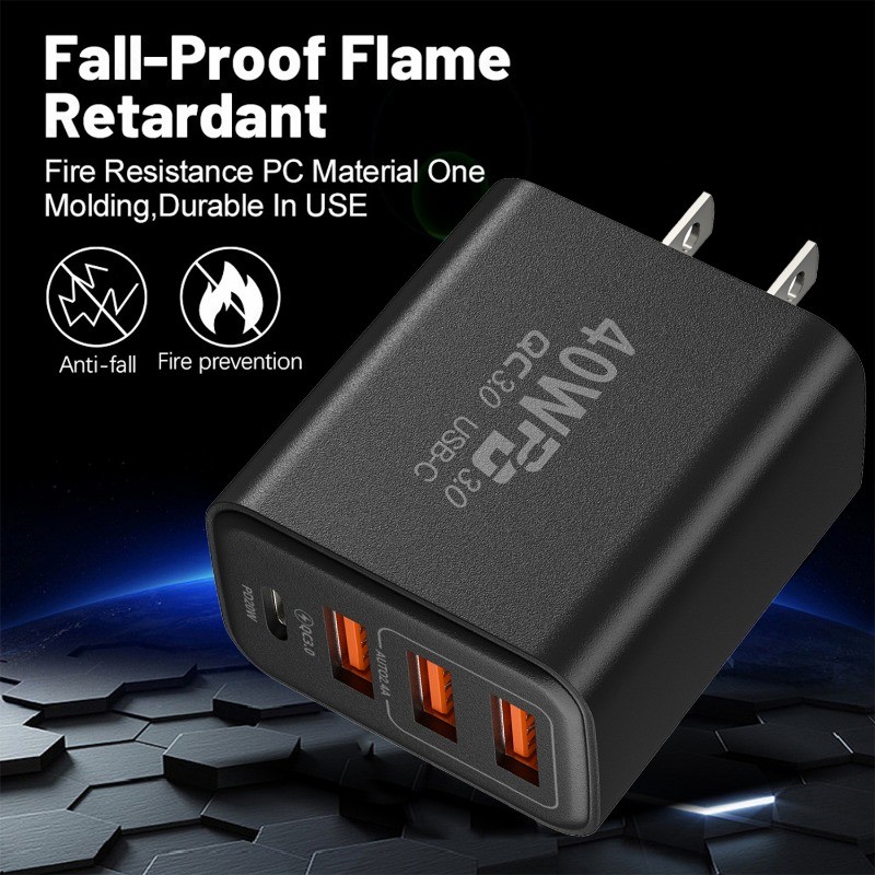 40W 4 Ports USB Type C Charger - Travel Wall Plug with Cable - QC3.0 PD ...