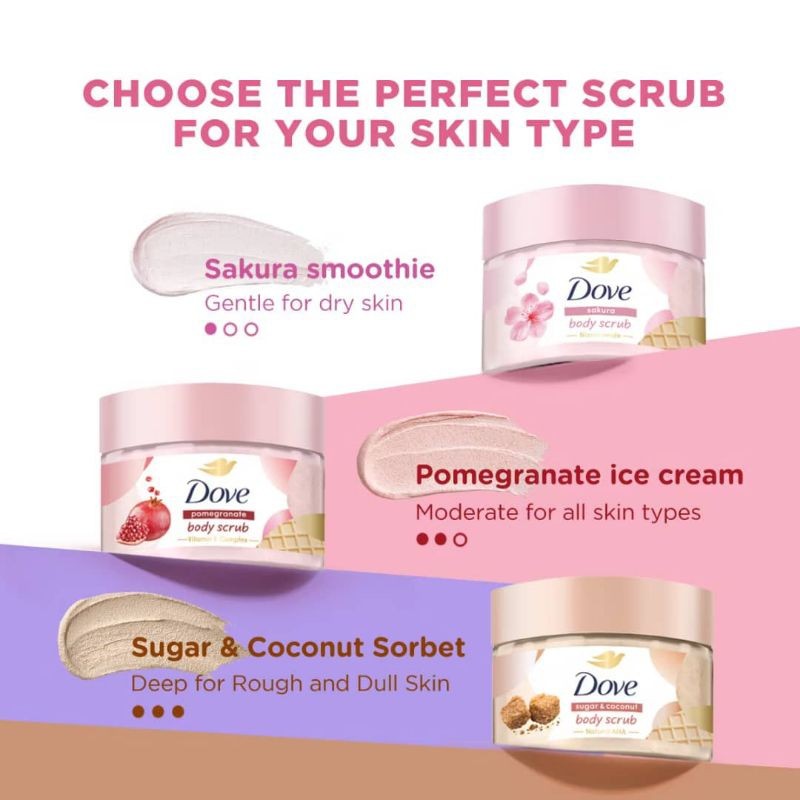 Dove Ice-Cream Body Scrub Sakura /Pomegranate /Sugar & Coconut 280g ...