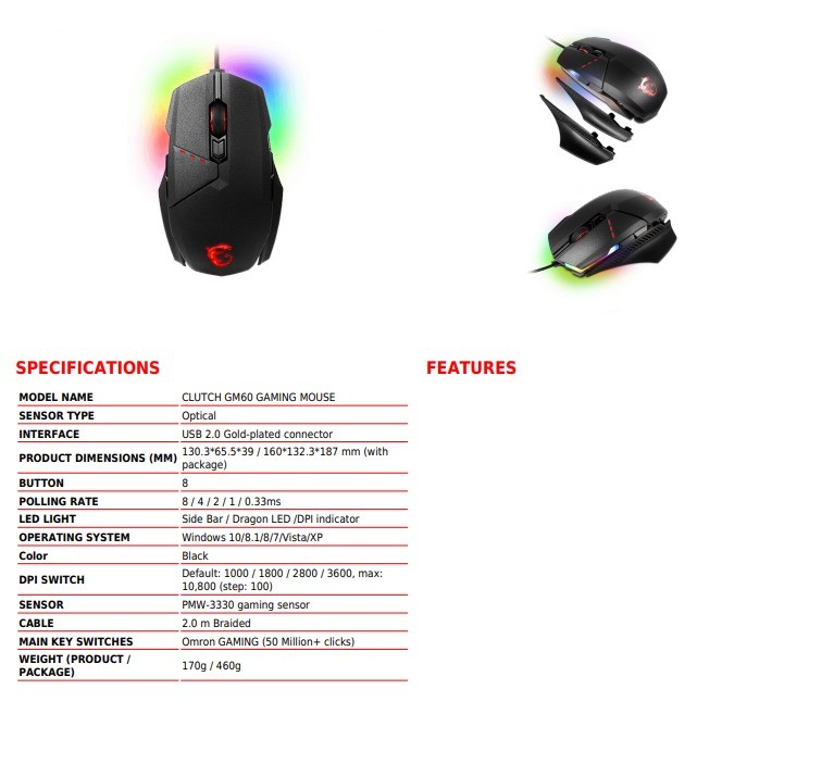 MSI CLUTCH GM41 GM50 GM51 GM60 Gaming Mouse Wired Wireless Lightweight ...