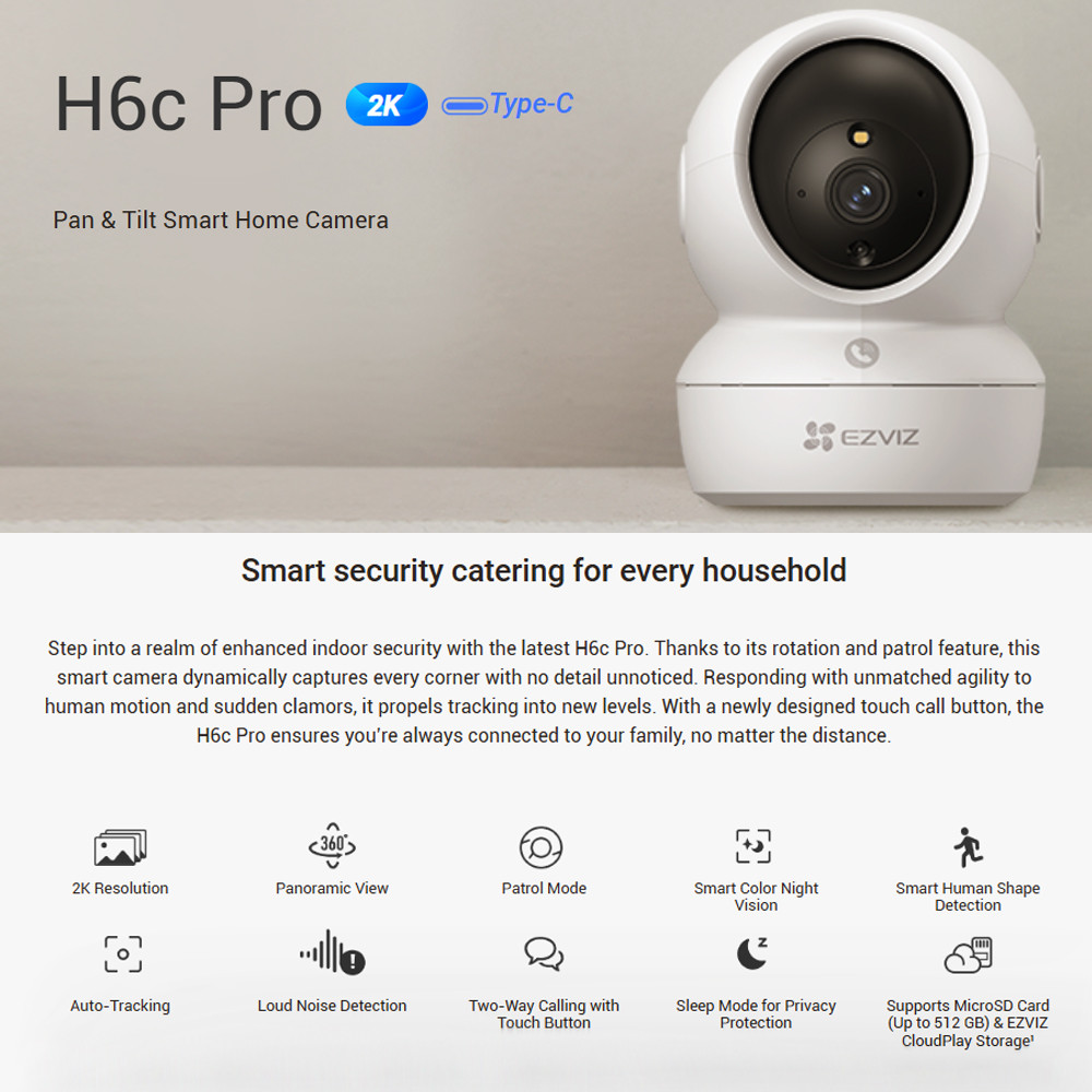 Ezviz H6C Pro 3MP 2K 1296P Pan/Tilt Motion Detection Two Way Talk Auto Tracking H.265 Security ...