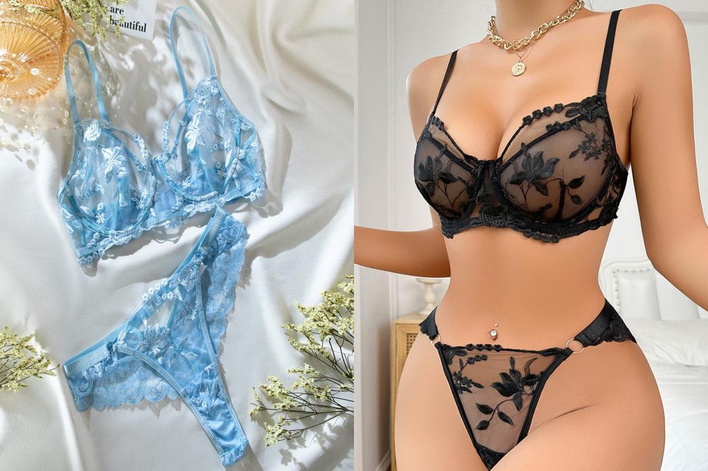 thatsakes See-through Lace Bra G-string Set Women Bra Panties Set Sexy Lace Embroidered Bra and ...