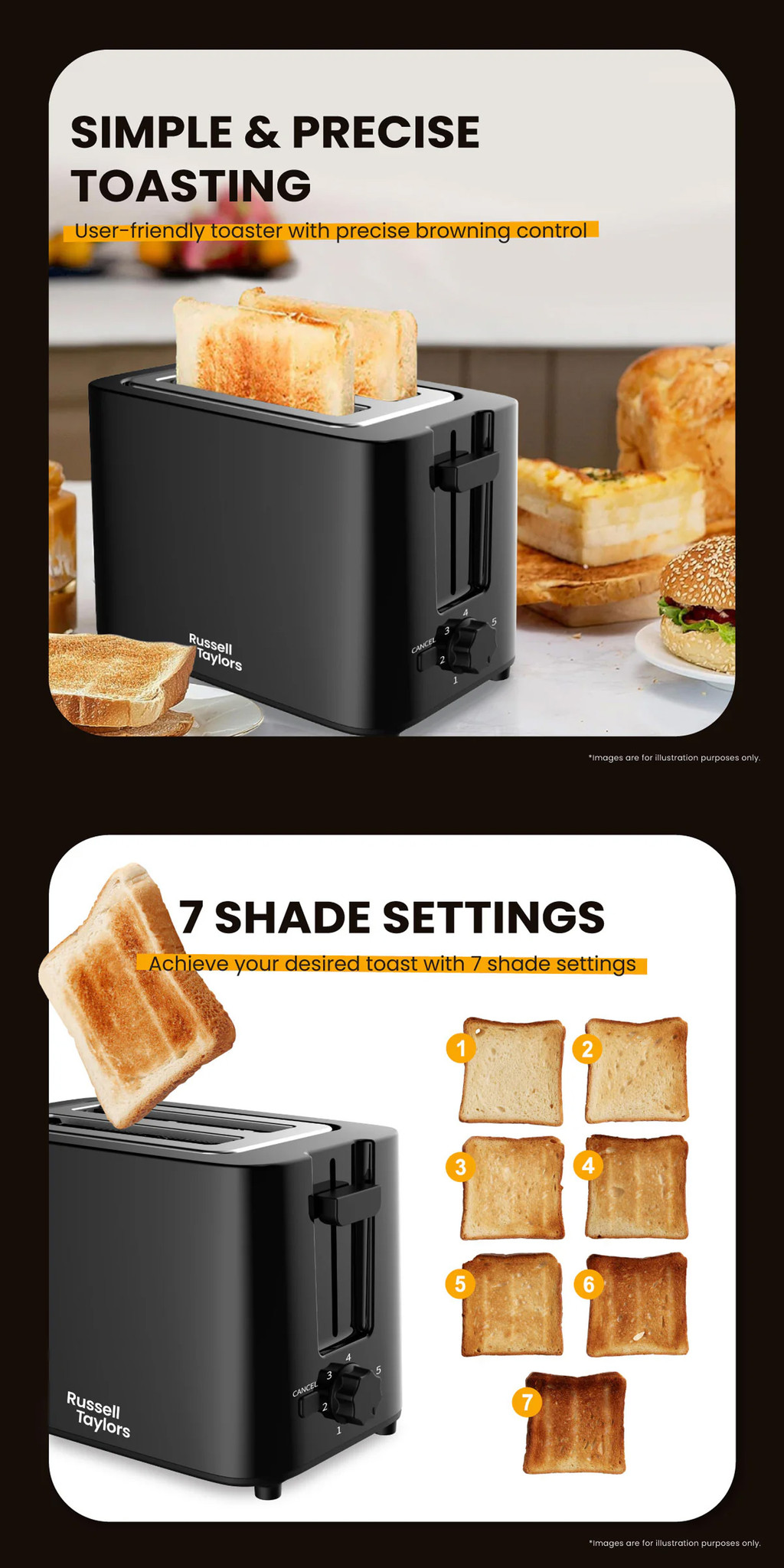 Russell Taylors 2 Slot 700 Watt Bread Toaster 7 Shades Setting T2 T2C ...