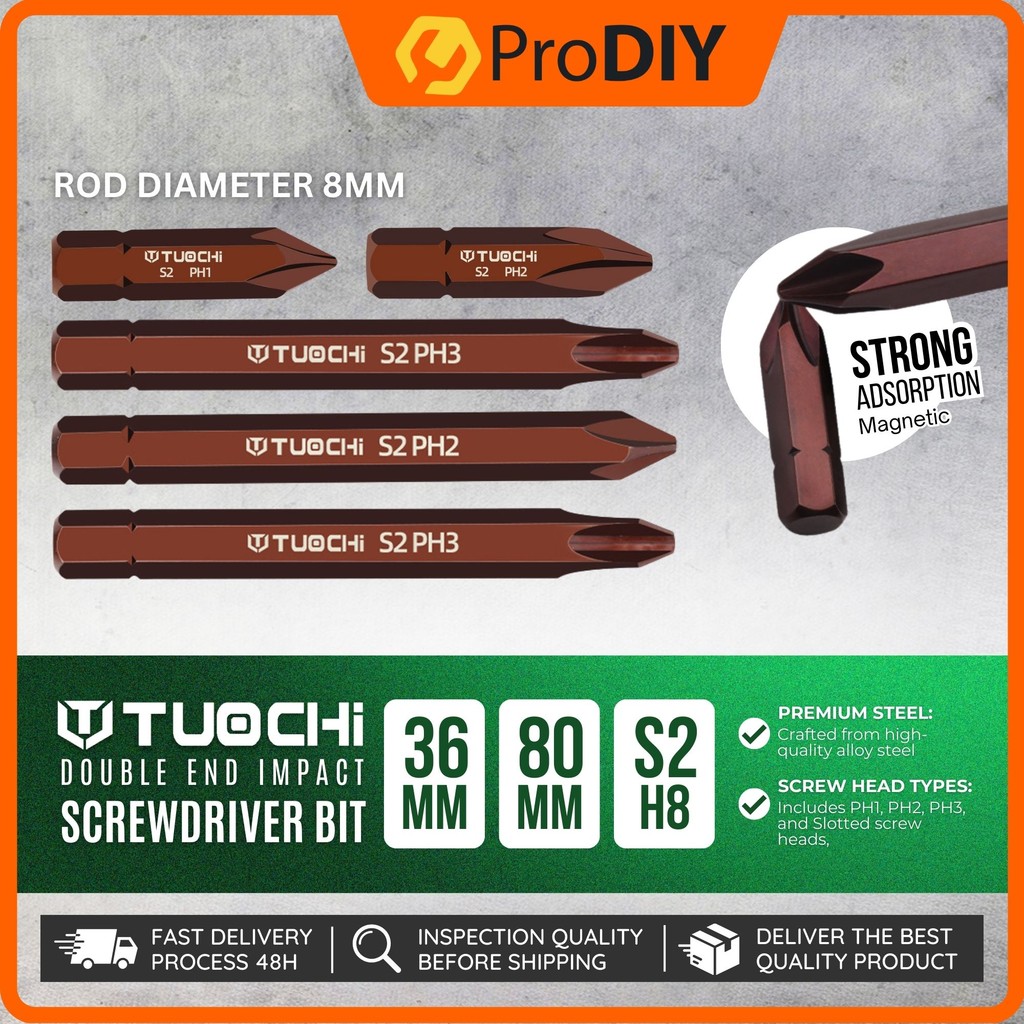 TUOCHI 36MM 80MM Impact Driver Bit S2 PH1 PH2 PH3 8MM Screwdriver Bit ...