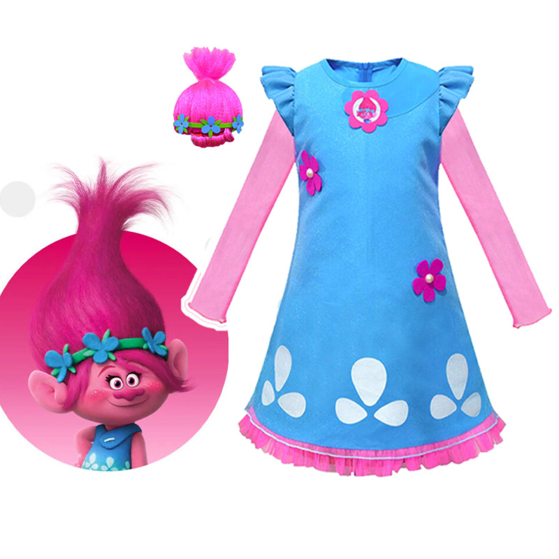 Trolls Poppy Pink Blue Flower Dress For Kids Girl Cosplay Costume ...