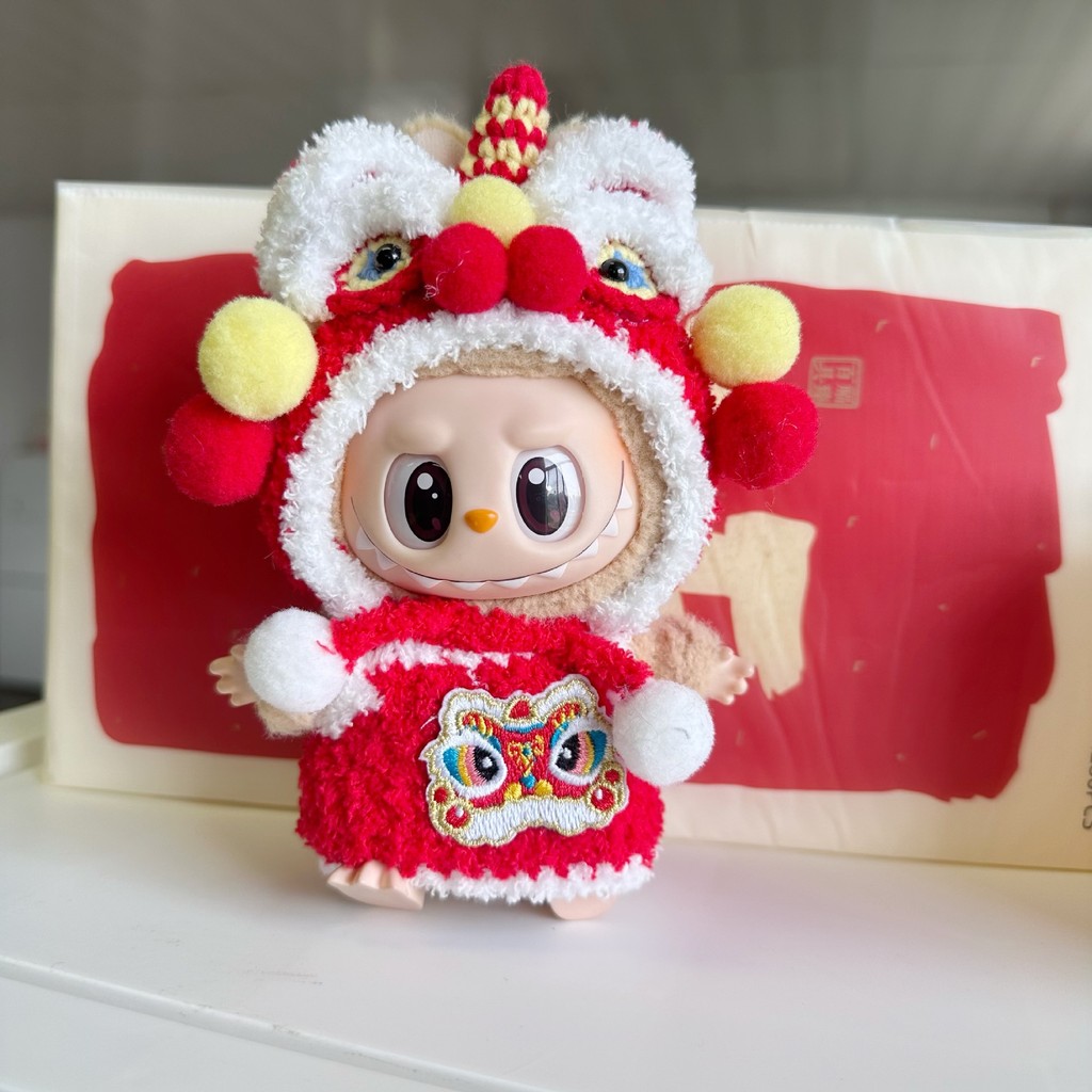 17cm Labubu V1/V2 Doll Happy Factor New Year Lion Dance Outfit with ...