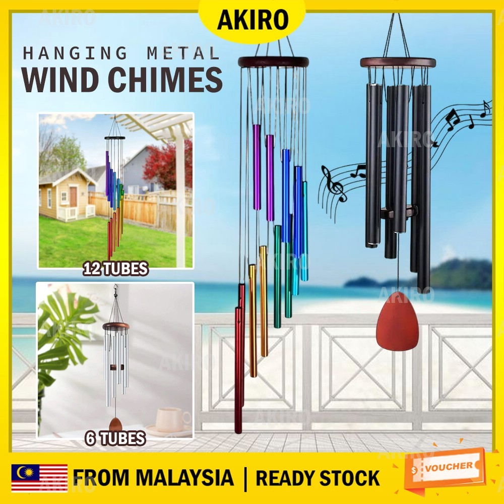 AKIRO Walnut Wood Wind Chimes 6/12 Tubes Outdoor Deco Hanging Home ...