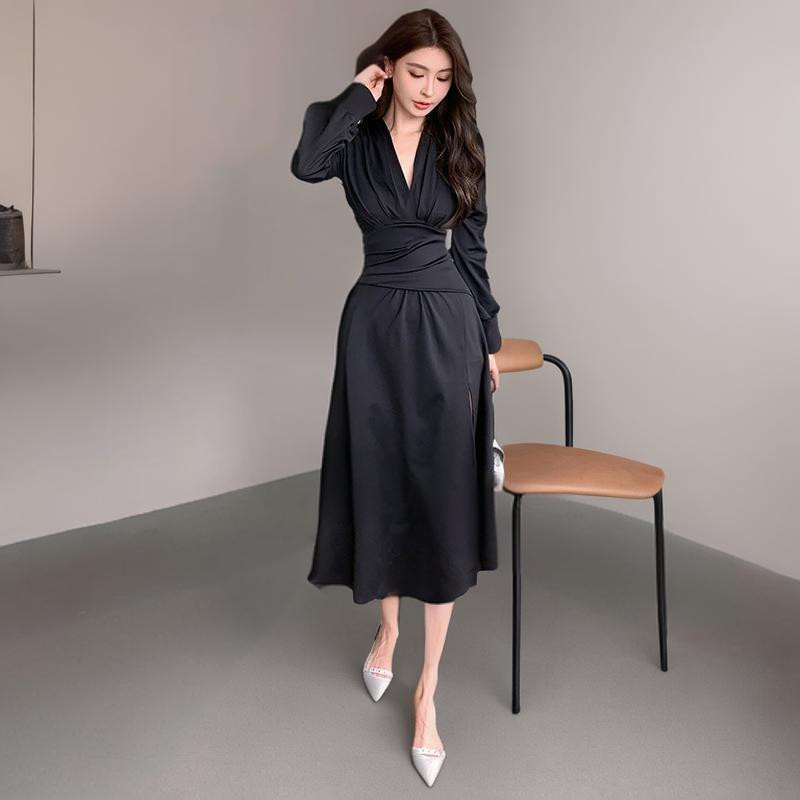 Slim Waist V-Neck Long Sleeve Dress with Pleats and Irregular Design, H ...