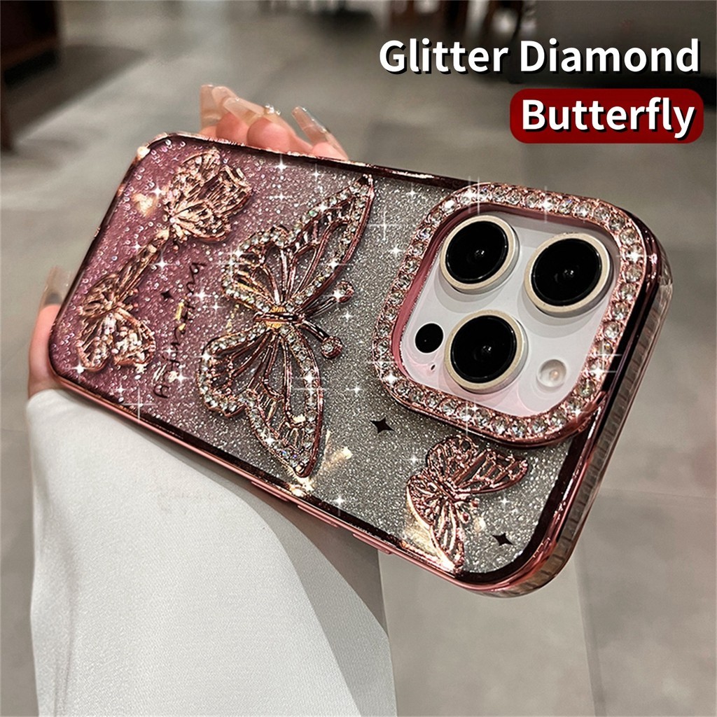 Glitter Butterfly Phone Case for iPhone 16 Pro Max Luxury Bling Diamond Transparent Plating ...