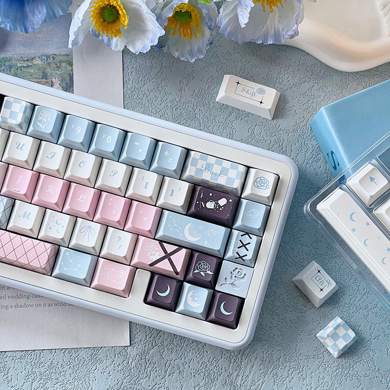 PBT Keycap Cherry Roses Under The Moon Personalized Blue Pink Theme ...