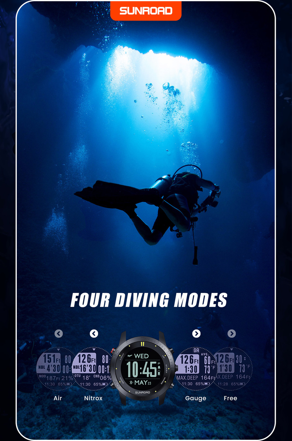 SUNROAD D3 Professional Diving Computer Watch Free Scuba 100m Depth ...