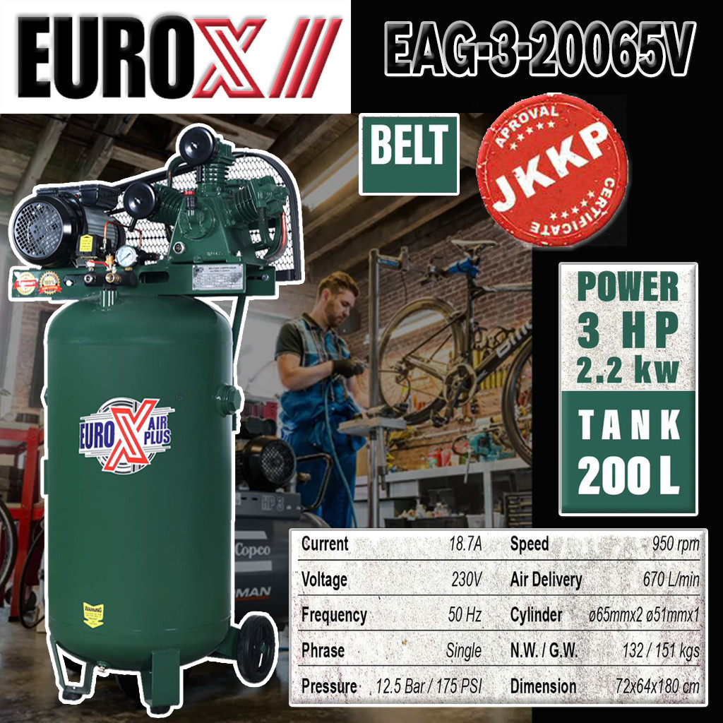 EUROX AIR PLUS AIR COMPRESSOR 3HP/2.2KW 200Litre Double piston EAG-3-20065V - Heavy Duty with ...